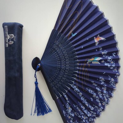 Blue Silk Fabric Dark Blue Bamboo Ribs Hand Held Fan With a Pouch ...