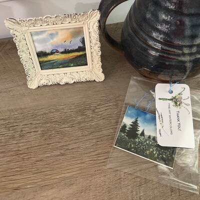 Mini Watercolor Art Painting Unique Gifts Mountain Pine Trees Small ...