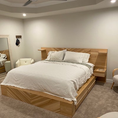 Handcrafted Wood Stepped Platform Bed Frame Modern White Oak Headboard ...