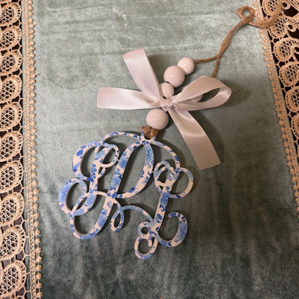 Monogram Car Charm: Chinoiserie Blue & White, Beaded Jute Twine - Etsy