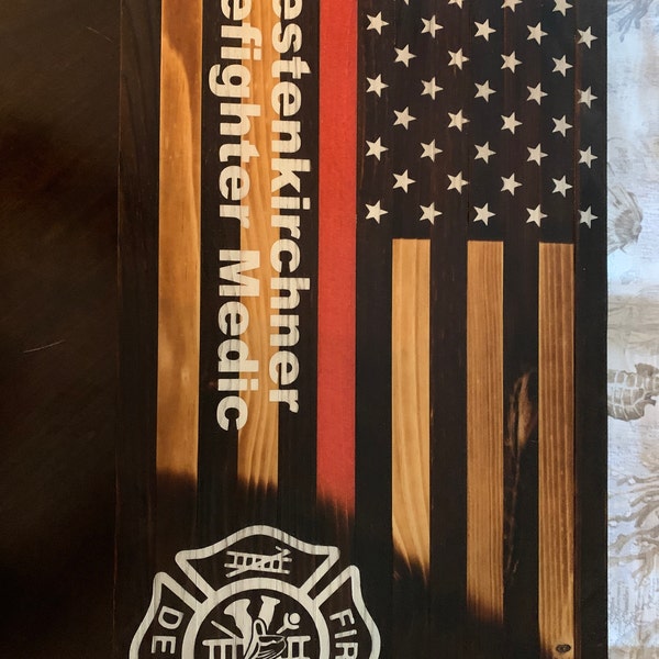Personalized Red Line Fireman's Rustic American Wood Flag - Custom Fire ...