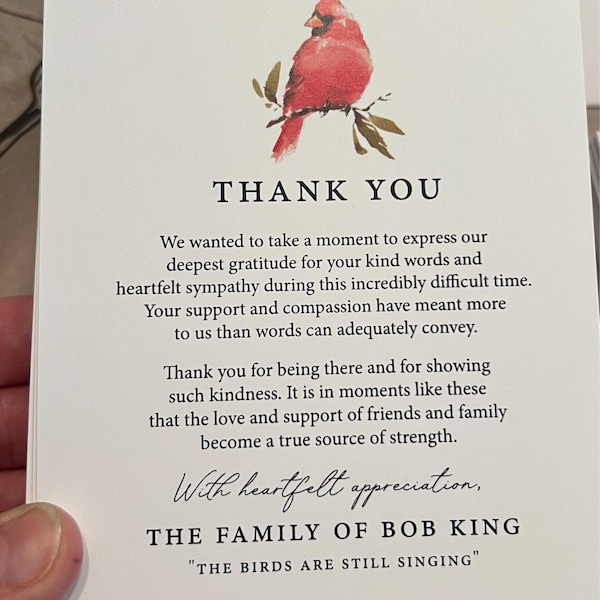 Sympathy Thank You Card With Cardinal - Personalized Flat Funeral Thank ...