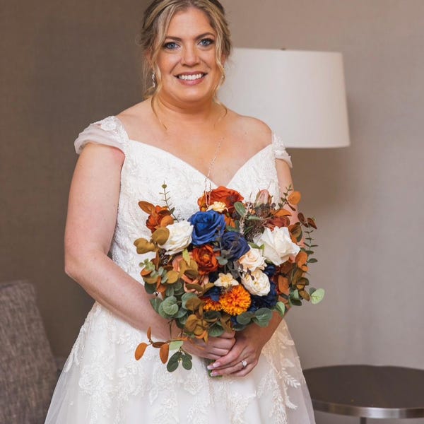 Wedding Bouquet With Navy Blue and Rust Orange Flowers, Bridesmaids ...