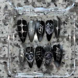 Stiletto White Emo/goth Iridescent Press on Nails With Silver Heart ...