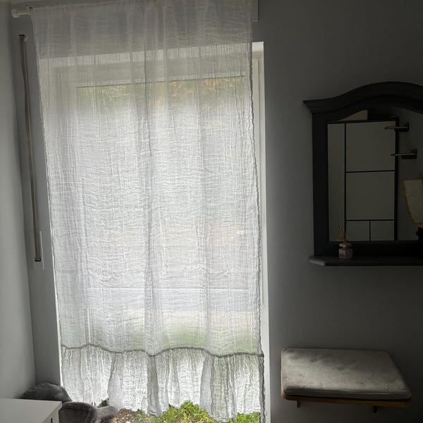White Linen Gauze Curtain Panel With Ruffle, Boho Window Curtains ...