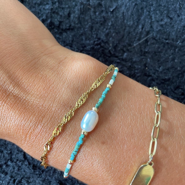 Bracelet fin élastique perle d'eau douce et perles miyuki turquoises ...