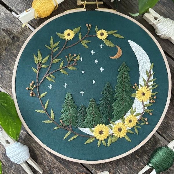Flower Moon Embroidery Pattern, Instant Download, Floral Celestial ...
