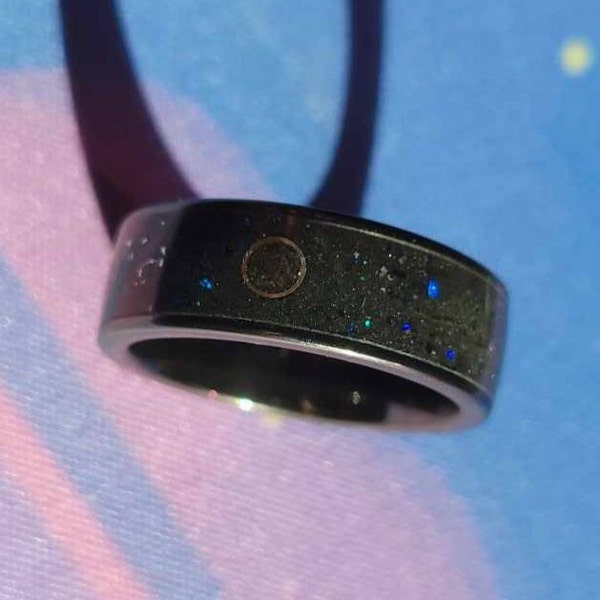 Real Moon Rock, Meteorite, Obsidian and Opal Ring Blue Eclipse. Custom ...