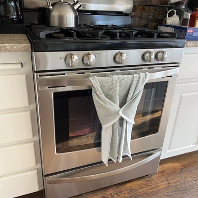 Neutral Ticking Stripe Kitchen Towels With Ruffle, Stay Put Towel, Dish ...