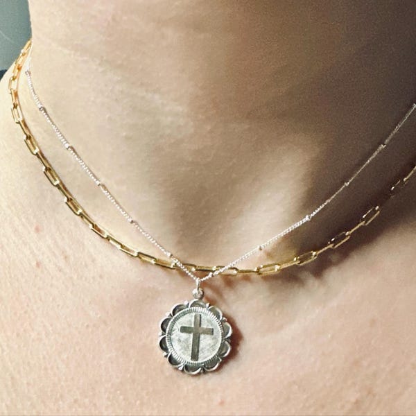 Cross Medallion Necklace, Large Coin Cross Necklace, Round Cross ...