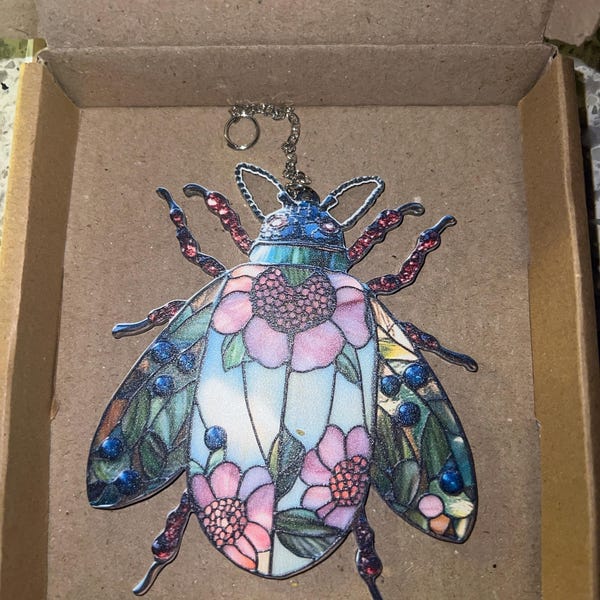 Floral Beetle Stained Glass Suncatcher, Faux Stained Glass Bug Window ...