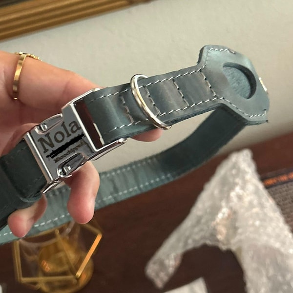 Leather AirTag Dog Collar, Engraved Buckle Dog Collars With Air Tag ...