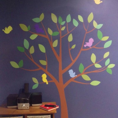 Gray Tree Wall Decal With Leaves, Nursery Wall Decal for Kids Room ...
