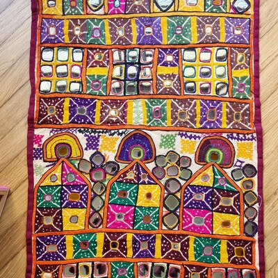 Indian Hand Embroidered Gujarati Tapestry Vintage Boho Banjara Wall ...
