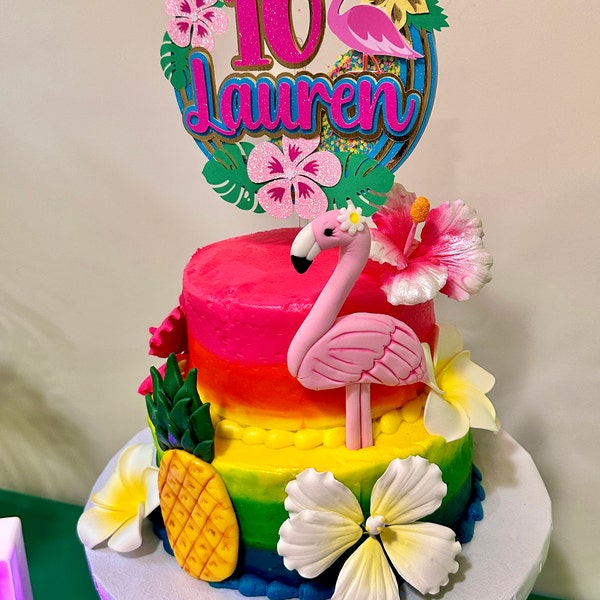 Tropical Flamingo Theme Fondant Cake Topper, Summer Theme Cake Topper ...