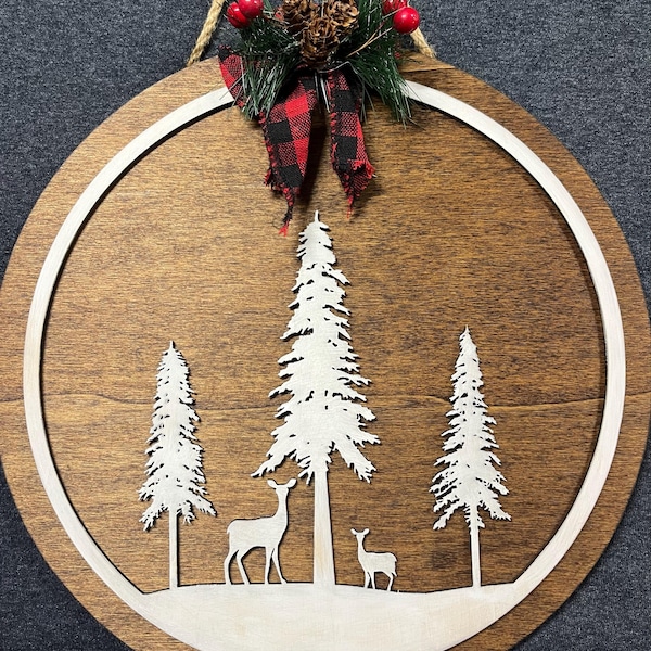 Three Alpine Evergreen Trees With Deer Round Includes Backer SVG and ...