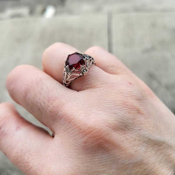 Ruby Ring | 925 Sterling Silver | 2ct Simulated Red Ruby Gem Victorian ...