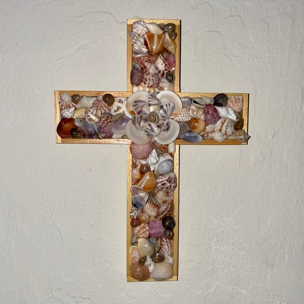 Seashell Cross Hanging Wooden Wall Decoration Natural Shells Flower ...