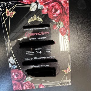 Clear Acrylic Quinceañera Invitations With Pink Flowers Gold Silver ...