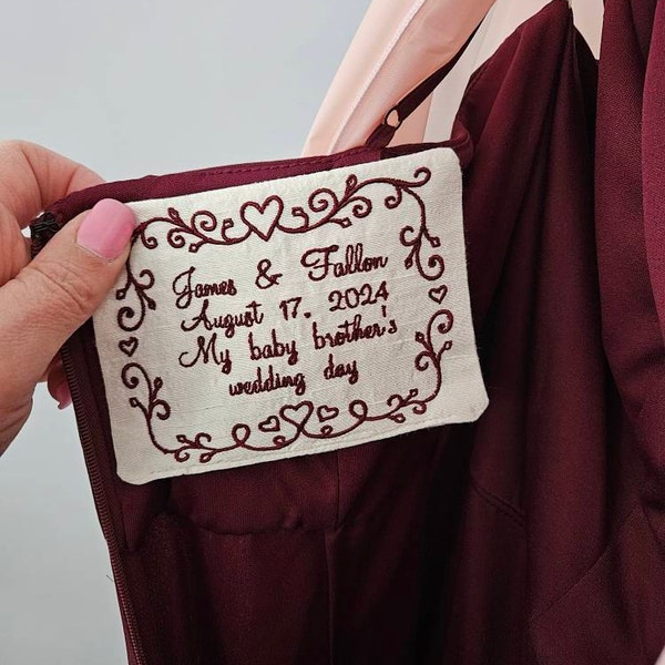 Wedding Dress Label With Heart Border - Silk Wedding Dress Label ...