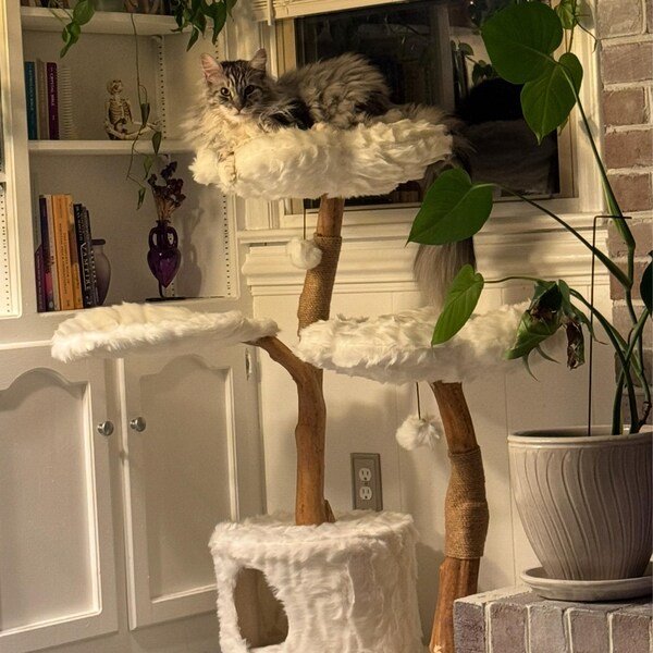 Wooden Cat Tree Tower, Wood Floral Cat Tree Tower, Modern Cat Tree, Cat ...