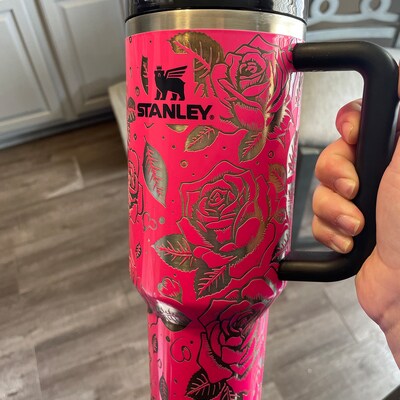 Engraved Stanley Tumbler Neon Pink Rose Design Engraved Quencher ...