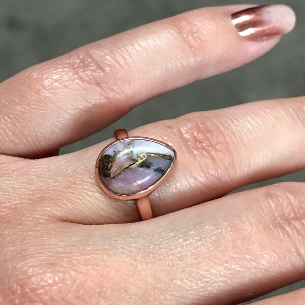 Pink Opal Copper 10x14mm Pear Gemstone Ring, Rose Gold Plated Handmade ...