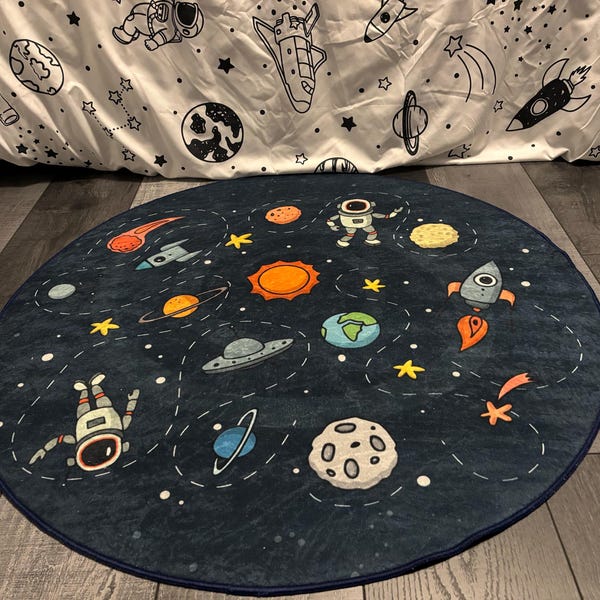 Space Themed Cute Kid's Rug|adventurous Astronaut Childen's Mat|navy ...