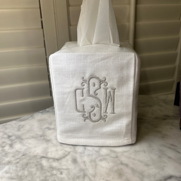 Linen Tissue Box Cover With Monogram - Etsy