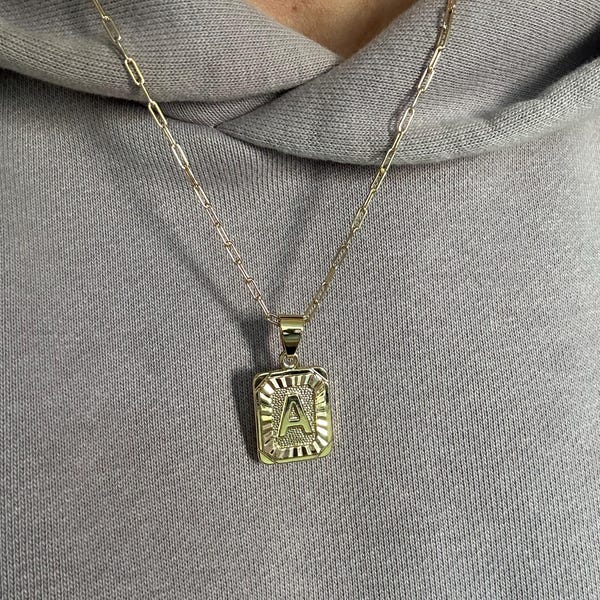 18K GOLD FILLED Initial Necklace, Square Initial Letter Necklace, Gold Rectangle Initial, Gold ...