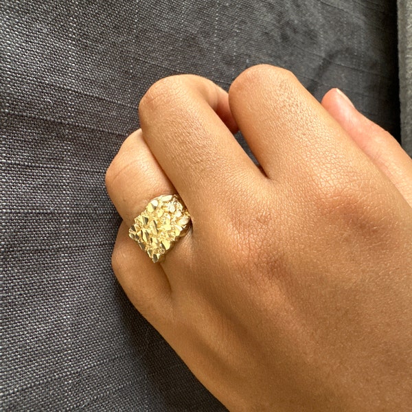 Real Solid Gold 10K Square Nugget Ring | 10K Gold Ring | Yellow Gold ...