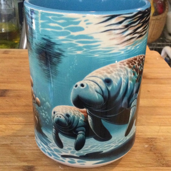 Manatee Mug Two-toned Woodcut Design, Ocean Conservation Gift 15 Oz ...