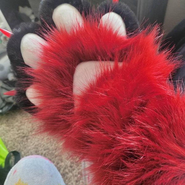 Handmade Cream-blue Cat Paw Cosplay Gloves Faux Fur Fluffy Kitten Puppy ...