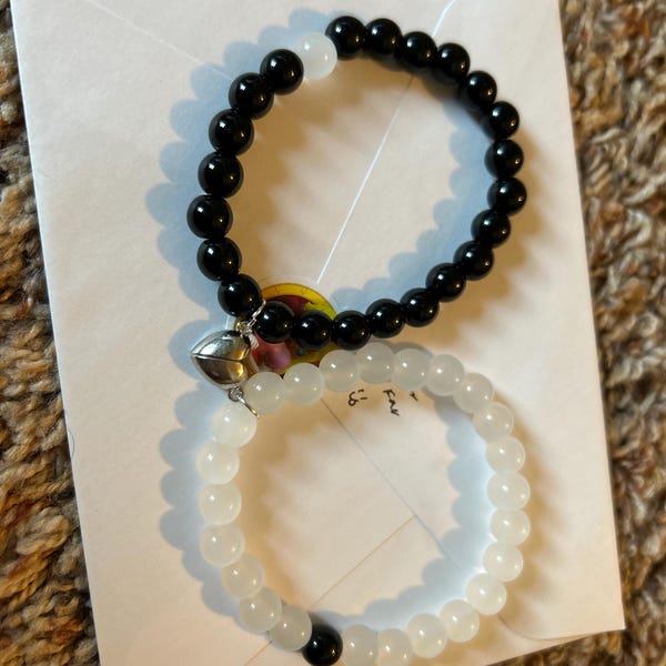 Matching Magnetic Heart Glass Beaded Couples Bracelets, Black and White ...