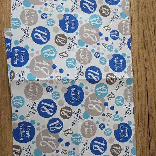 2 Sheets 18th Birthday Wrapping Paper Age 18 Birthday White and Blue ...