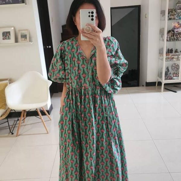 Floral Hand Block Print Kyra Midi Dress | Bohemian Cotton Dress | Dresses for Women | String ...