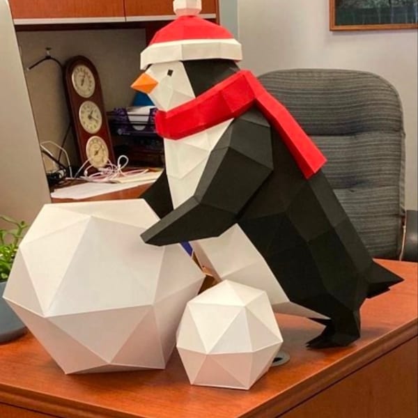Penguin With Snowball Low Poly Christmas Papercraft SVG PDF Template 3d ...
