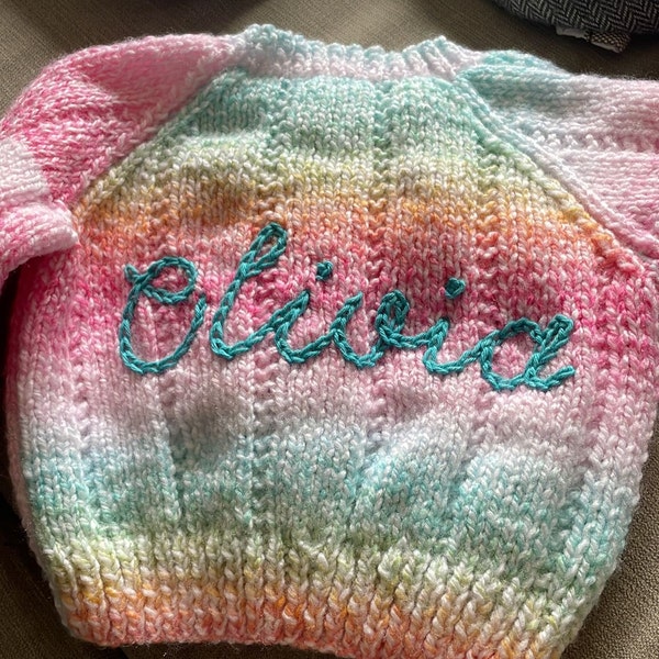 Personalised Baby Cardigan. Hand-knitted & Hand Embroidered Name. Size ...
