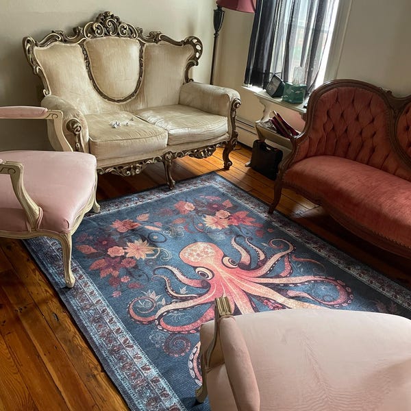 Art Deco House Fly Rug, Bug and Flowers Vintage Rug, Unique Rug for ...