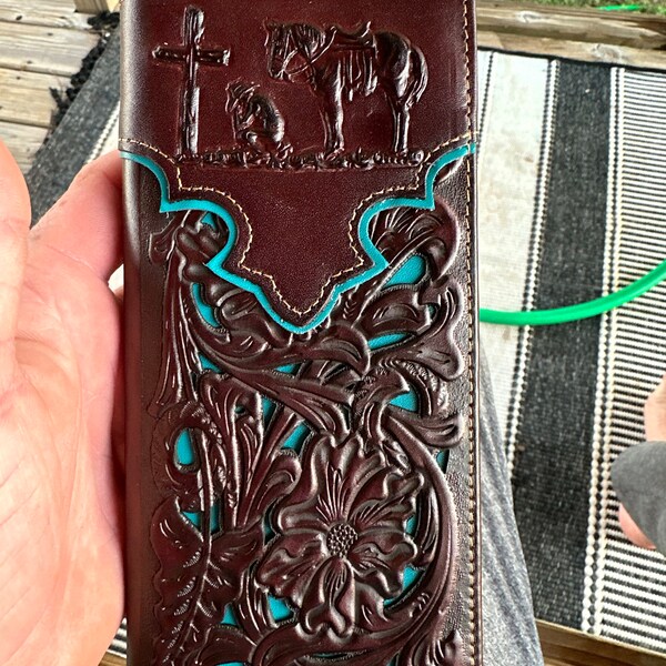 Men's Leather Bi-fold Western Floral Tooled Wallet Cowboy Long ...