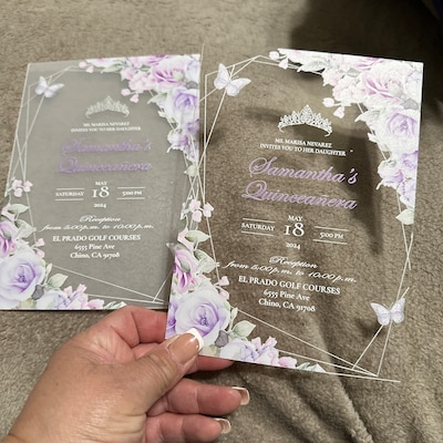 Clear Acrylic Quinceañera Invitations With Pink Flowers Gold Silver ...