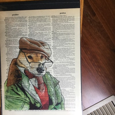 Geek Dog Drawing DOG Illustration Print, NERDY Art, Book Love GIFT Man ...