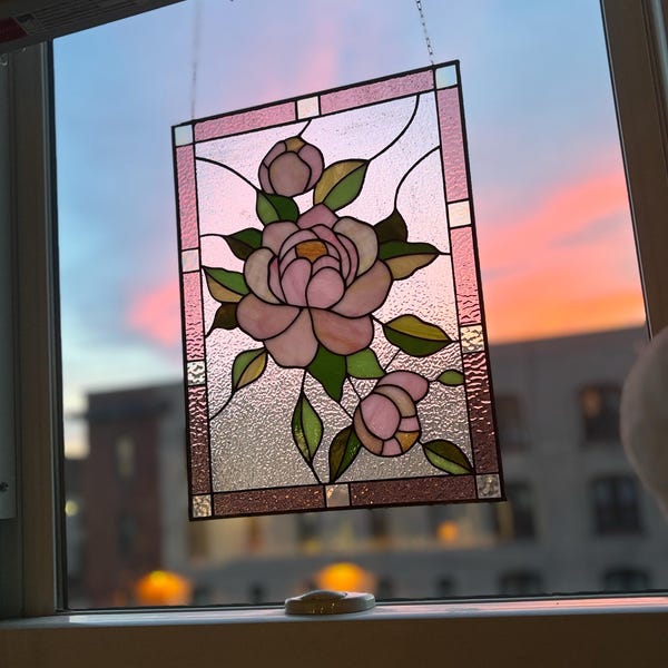 Pink Magnolia Stained Glass Panel Gifts Custom Stained Glass Panel Pink ...