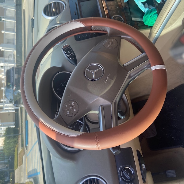 Brown White Sport Steering Wheel Cover, Leather Car Accessories, Custom ...