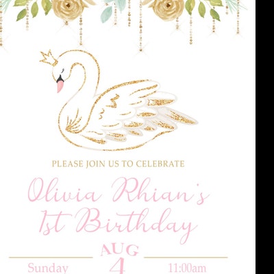 Swan Birthday Invitation Blush Pink Gold Swan Birthday Party Swan ...