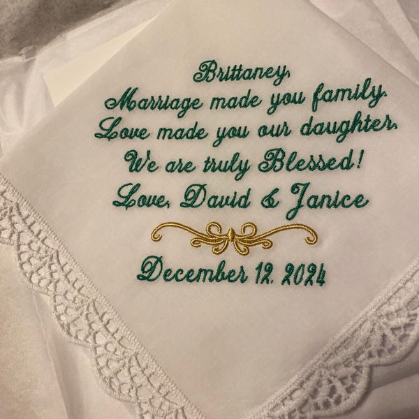 White Cotton and Lace Handkerchief for Bride Embroidered Hearts, Names ...
