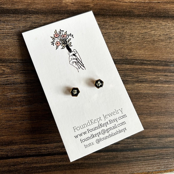 Tiny Real Pressed Flower Earrings, Gold Hexagons, White, Black, Minimalist Studs, Pressed ...