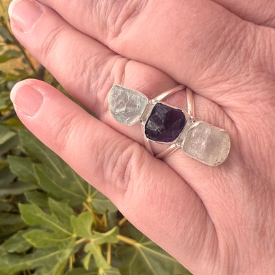 Natural Raw Emerald Ring, Sterling Silver Ring, Crescent Moon Ring ...