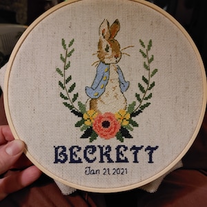 Beatrix Potter Birth Sampler Cross Stitch Pattern Peter Rabbit Wreath ...