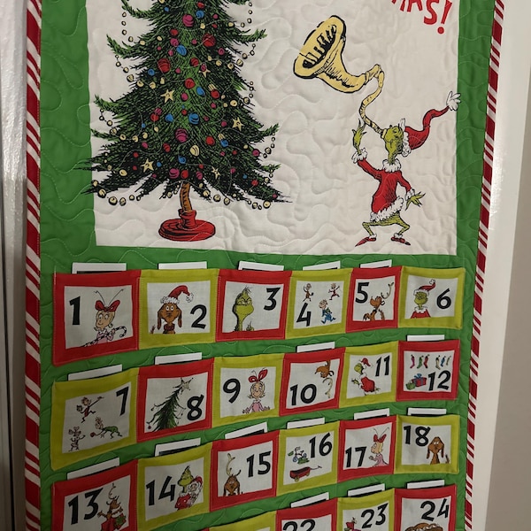 Holiday Advent Calendar, Grinch Advent Calendar, Quilted Wall Hanging ...